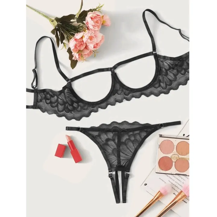 Open Cups Bra Set Lace Sexy Erotic Lingerie Women Underwear Porn Dress